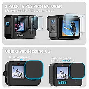 FitStill Silicone Rubber Case+2-Pack (6pcs) Tempered Glass Protector Compatible for Go Pro Hero11 / Hero10 / Hero9 Black,Soft Sleeve Cage Housing with Lens Cover Cap Lanyard Accessories Bundle Kit