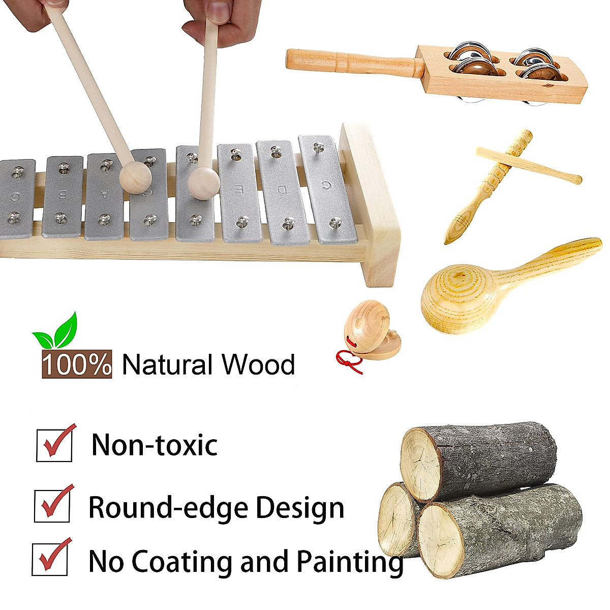 TOPZEA 12 Pack Kids Musical Instruments, Natural Wood Percussion Instrument Baby Drum Set Tambourine Xylophone Musical Toys for Toddler, Boys and Girls, Preschool Educational, with Storage Bag