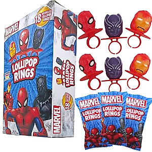 Marvel Lollipop Rings Birthday Decorations Individually Wrapped Candy Party Favors Spider-Man Iron Man Black Panther Character Shaped Suckers 18 Count