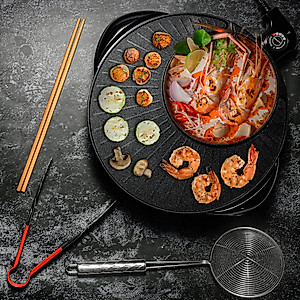 OVENTE Electric Hot Pot and Grill Combo, 2-in-1 Portable Countertop Cooker with Temperature Control Perfect for Korean BBQ, Shabu Shabu and Soup with Free Strainer, Chopsticks and Tong, Black GH10133B