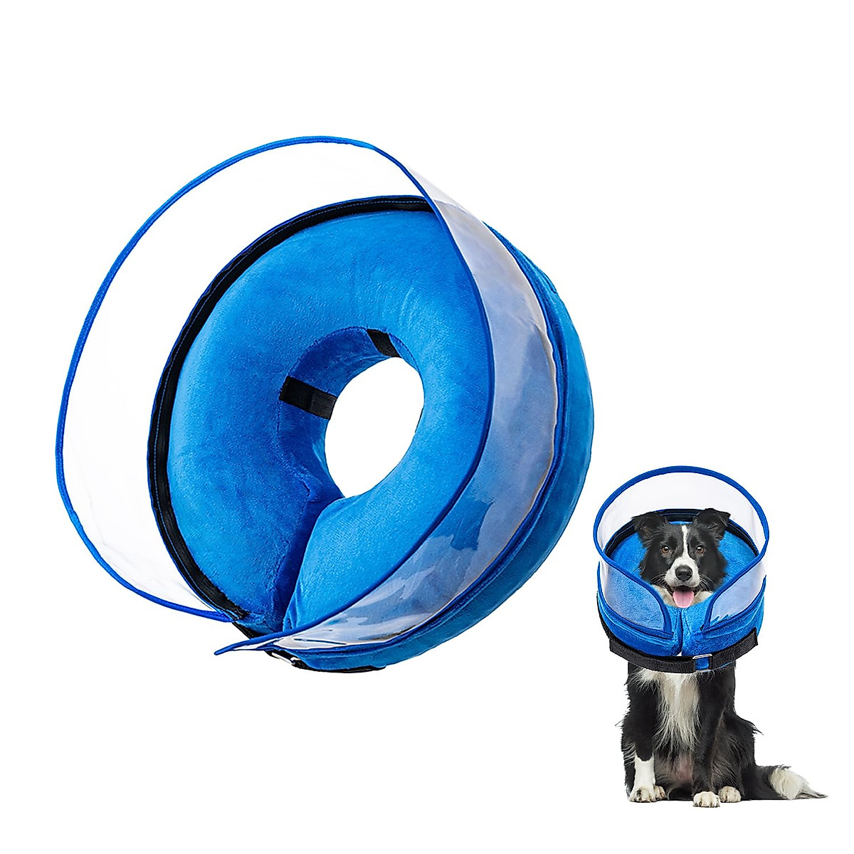 Wepet Adjustable Protective Elizabethan Collar for Cats & Dogs with Shield, Pet Recovery Collar, Pet Cone, Inflatable, Removal & Washable, Easy Storage, Durable & Soft, Blue, Size L with Clear Shield