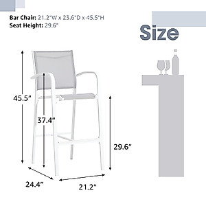 OC Orange-Casual Outdoor Bar Stool Set of 2, All-Weather Aluminum Textile Fabric High Top Patio Dining Chair, Counter Height Metal Barstool High Back Armchair, for Backyard, Porch, Balcony, White