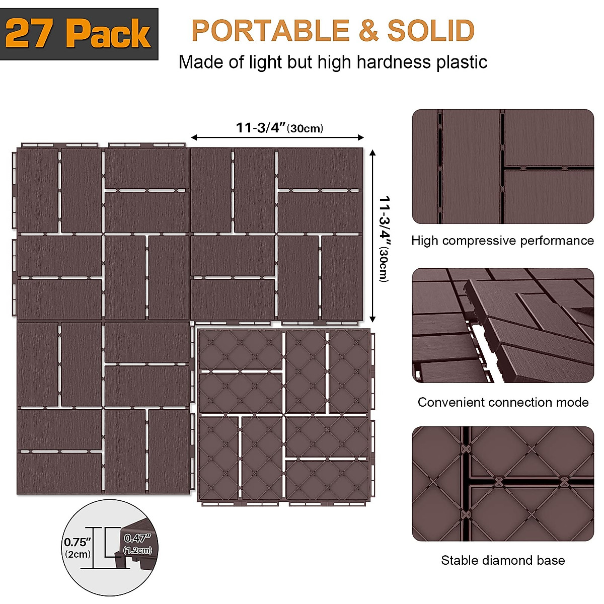 Goovilla Plastic Interlocking Deck Tiles, 27 Pack Outdoor Patio Flooring, 12"x12" Interlocking Decking Tile Outdoor All Weather Use, Waterproof Patio Pavers for Pool Balcony Backyard Porch, Dark Brown