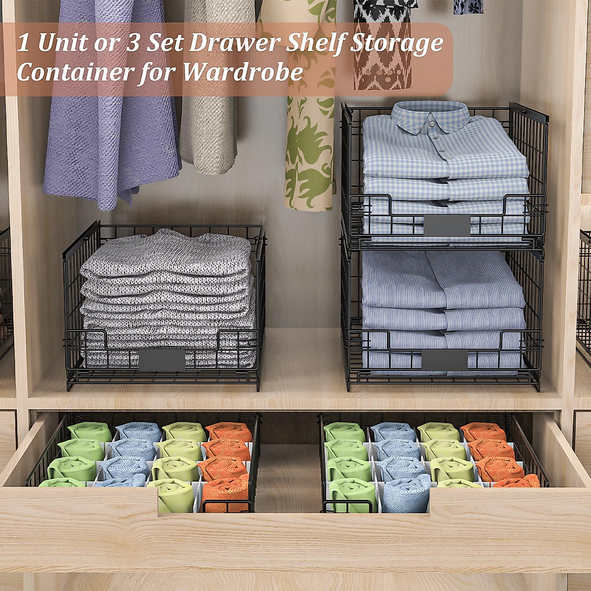 3 Pack Sliding Closet Organizers and Storage, Stackable Closet Storage Shelves, Pull Out Clothes Storage Organizer Baskets/Containers/Drawers with Dividers for Wardrobe (Black-Sturdy Wire Metal Frame)