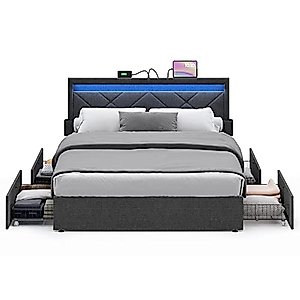 VASAGLE LED Bed Frame Queen Size with Headboard and 4 Drawers, 1 USB Port and 1 Type C Port, Adjustable Upholstered Headboard, No Box Spring Needed, Dark Grey URMB821G71