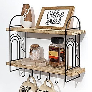 Sapowerntus Floating Shelves 2 Tier Wall Mounted with Hooks, Mid Century Modern Bathroom Kitchen Rustic Wood Hanging Shelf, Coffee Bar Display Storage Decor, Arched Geometry Bracket Design