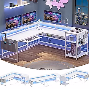 SEDETA L Shaped Gaming Desk, Reversible Home Office Desk or Corner Desk, Gaming Desk with Power Outlets & LED Strip, Monitor Shelf, Keyboard Tray, Pegboard and Storage Shelves, White
