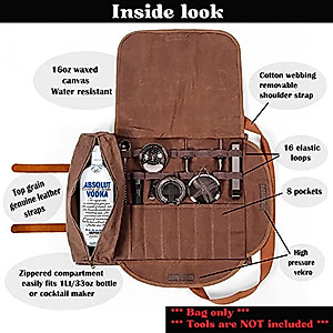 Beemojo Bartender Tool Bag Waxed Canvas Water Resistant Adjustable Shoulder Straps Genuine Leather Handles 16 Pockets Holds 33oz Bottle Mobile Travel Design - Bag ONLY