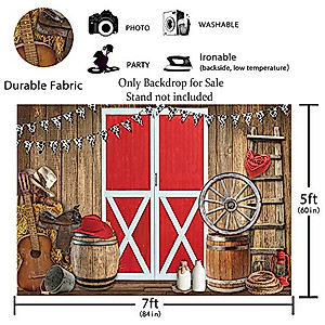 Funnytree 7x5FT Western Cowboy Scene Photography Backdrop Red Barn Door Farm BBQ Party Decoration Background Photo Booth