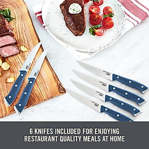 DASH Zakarian 6-Piece Steak Knife Set, Non-Serrated Full Tang German Steel Blade, Blue