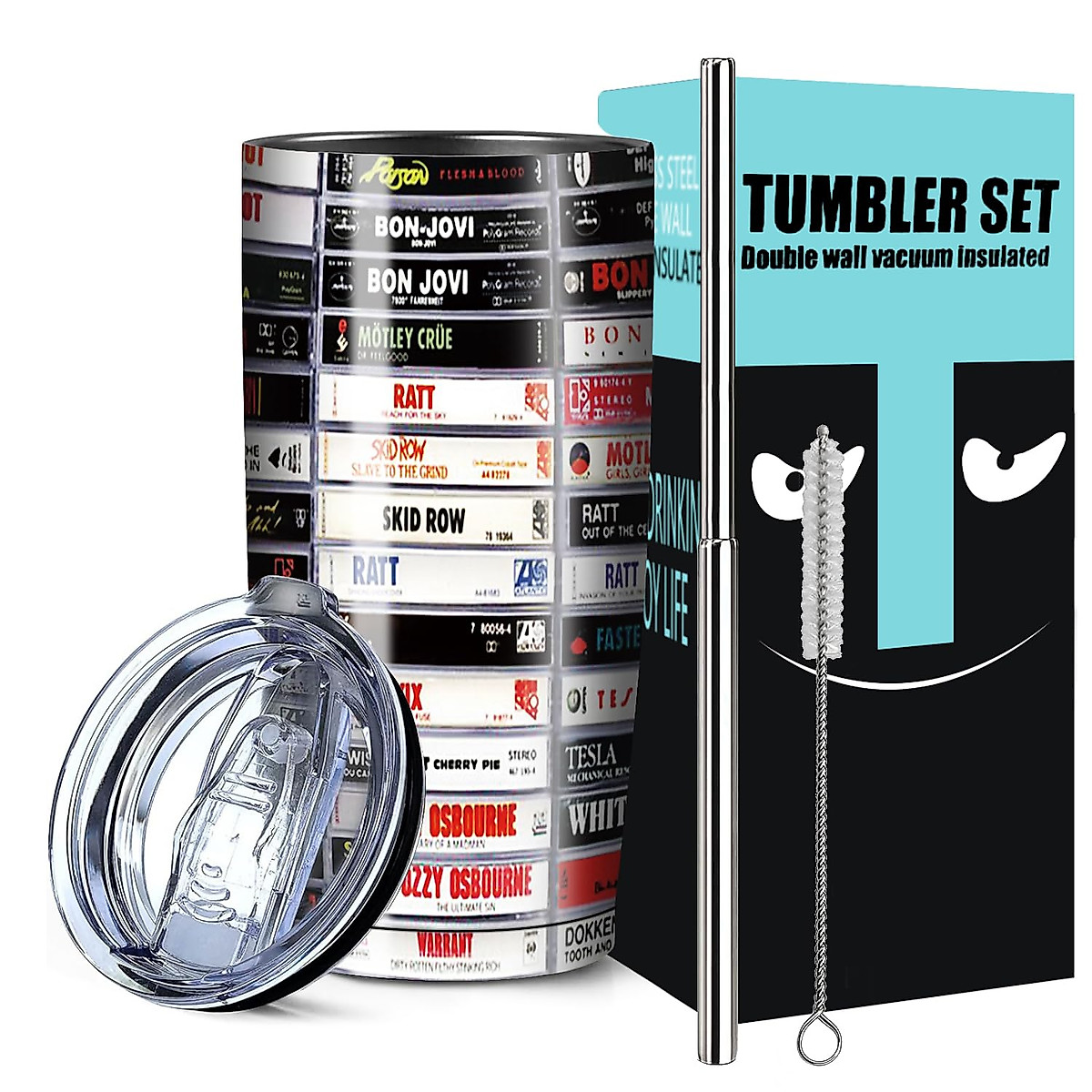 Adalore 20 oz Stainless Steel Heavy Metal Rock Tapes Travel Mug - Double Wall Vacuum Insulated Drinking Cup with Straw and Lid - Reusable