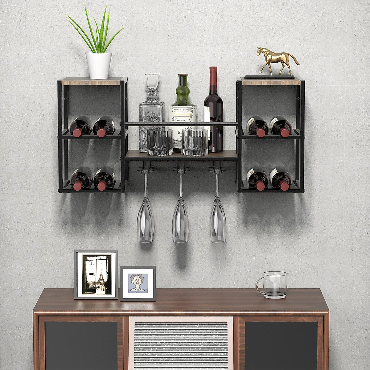 MOOMLIFE Wine Rack Wall Mounted with 3 Stem Glass Holders, Holds 12 Bottles Wine, Liquor Bottle Display Shelf, Elegant Storage for Kitchen, Dining Room