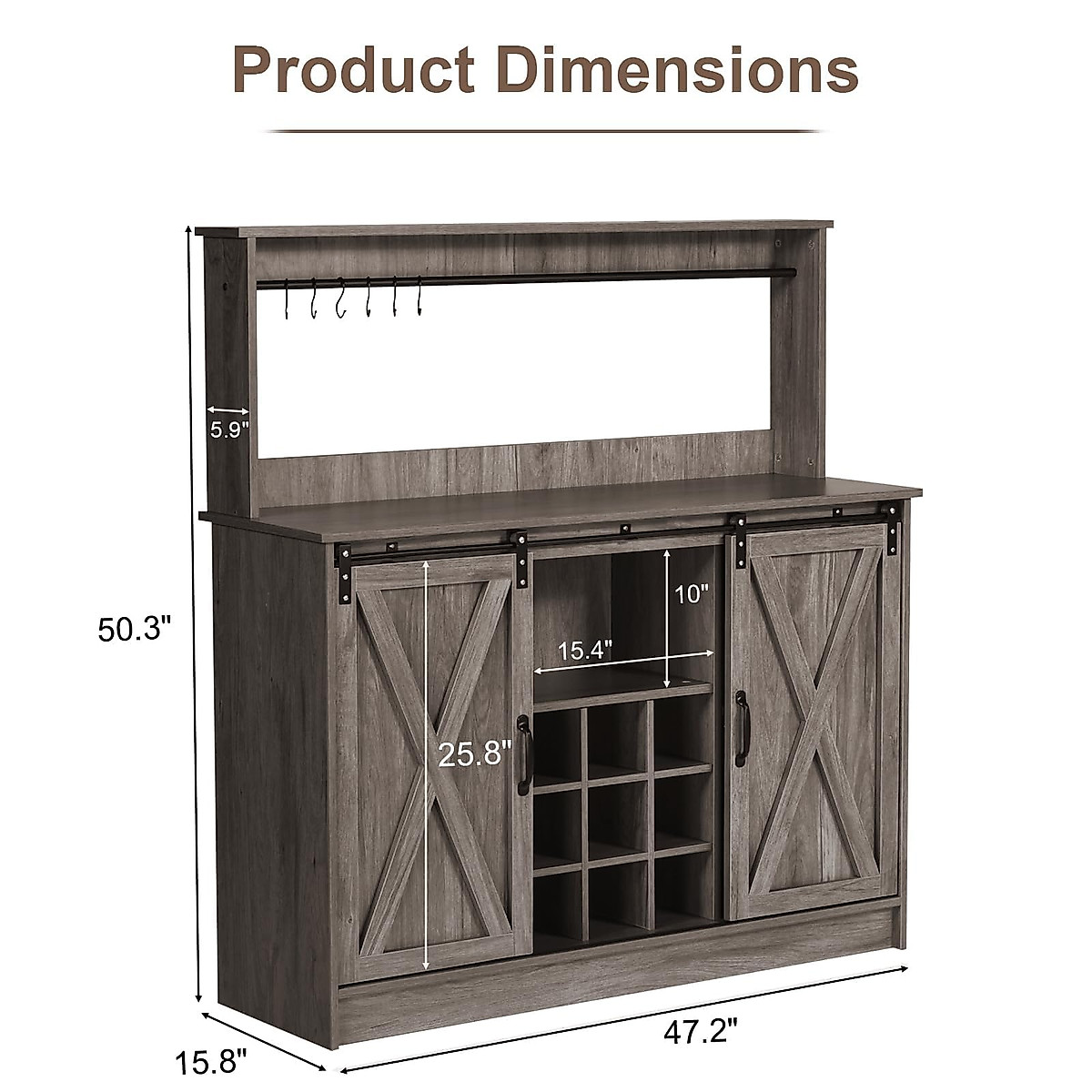 4 EVER WINNER Farmhouse Coffee Bar Cabinet with 9 Racks, Sideboard Buffet Cabinet for Liquor with 6 Hooks & Adjustable Shelves, Large Wine Bar Cabinet for Kitchen Dining Room, Wash Grey