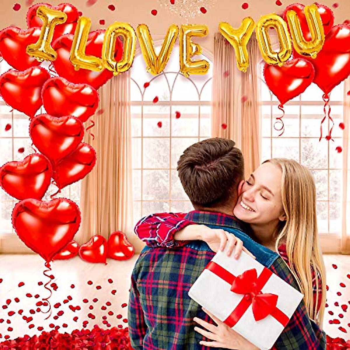 kortes I Love You Balloons and Heart Balloons Kit with Rose Petals, Valentines Day Decorations for Party