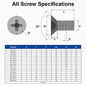 MroMax 100Pcs M3-0.5x16mm Phillips Flat Head Countersunk Machine Screws 304 Stainless Steel Cross Recessed Countersunk Head Bolt Fully Threaded Metric Bolts Fasteners Silver