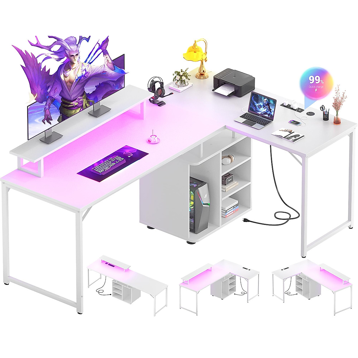 Cyclysio L Shaped Gaming Desk with Wood Cabinet, 58" Large Corner Desk with LED Lights & Power Outlet, Reversible Computer Desk with Monitor Stand, Home Office Desk 2 Person Corner Desk, White