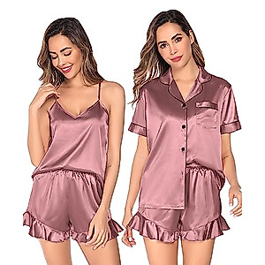 SWOMOG Womens 4 Piece Satin Pajamas Silk Short Sleeve Pj Sets Long Bottoms V Neck Cami Ruffle Shorts Pajama Pants Bridal Pjs Misty Rose