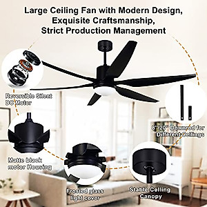 Ohniyou 66''Ceiling Fan with Lights Remote Control, Large Ceiling Fan Black, 6 Blades 6 Speeds Ceiling Fan Light for Outdoor Indoor Patio Living Room Porch Office Garage Shop Factory Warehouse