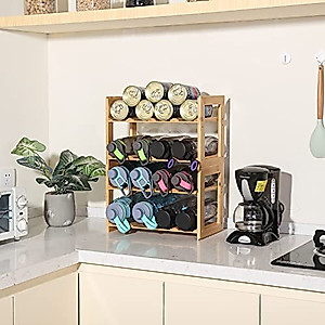 AEEHFENG Water Bottle Organizer - Stackable Bamboo Water Bottle Storage Rack for Cabinet Holds up to 16 Bottles - 4 Tier Adjustable Freestanding Cup Holder for Kitchen Countertop Pantry Organizing