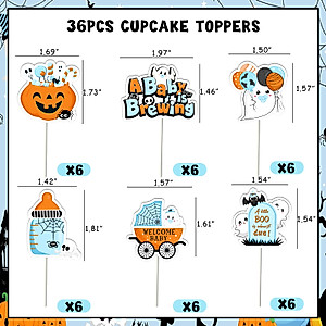 Jollyboom Halloween Baby Shower Party Decoration Boy, 36Pcs A Baby Is Brewing Baby Shower Decorations Cupcake Topper for A Little Boo Is Almost Due Halloween Welcome Baby Shower Gender Revel