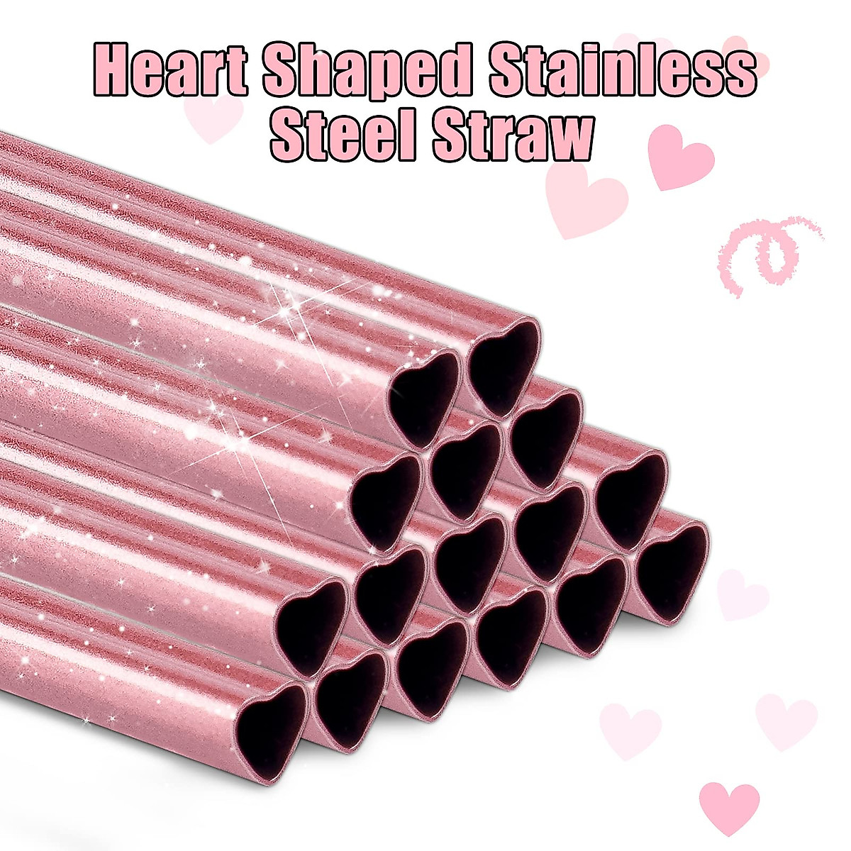 NiHome Reusable Straws 16 Pack, Stainless Steel Drinking Straws, Heart Shaped Metal Straw Bulks with 2 Cleaning Brushes for Smoothies Tumblers Cocktail MilkShake, Pearl Pink