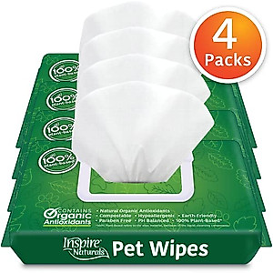 Inspire Naturals Pet Wipes 100% Natural Plant Based with Organic Antioxidants, Dog Wipes Cleaning Deodorizing Cat Wipes | Dog Bath Dog Ear Wipes | Dog Wipes for Paws and Butt (200ct - 4 Pack)