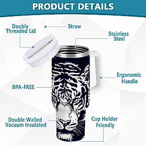 ALAZA White Tiger Portrait 40 oz Tumbler Stainless Steel Water Bottle Vacuum Insulated Cup with Straw Lid & Handle For Travel Car Cup Holder