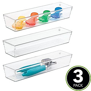 mDesign Plastic Kitchen Cabinet Drawer Organizer Tray - Storage Bin for Cutlery, Serving Spoons, Cooking Utensils, Gadgets - BPA Free, Food Safe, 12" Long, 3 Pack - Clear
