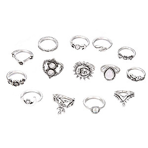 SEniutarm Engagement Love Rings Wedding Bands 14Pcs Vintage Sunflower Moon Finger Midi Knuckle Rings Set Women Party Jewelry for Women/Girl Finger Rings DIY Jewelry Gifts - Silver