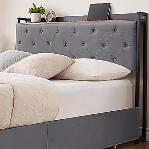 IDEALHOUSE Queen Size Bed Frame with 4 Storage Drawers and Charging Station, Grey Velvet Upholstered Platform Bed Frame with Storage Headboard and Wooden Slats Support, No Box Spring Needed