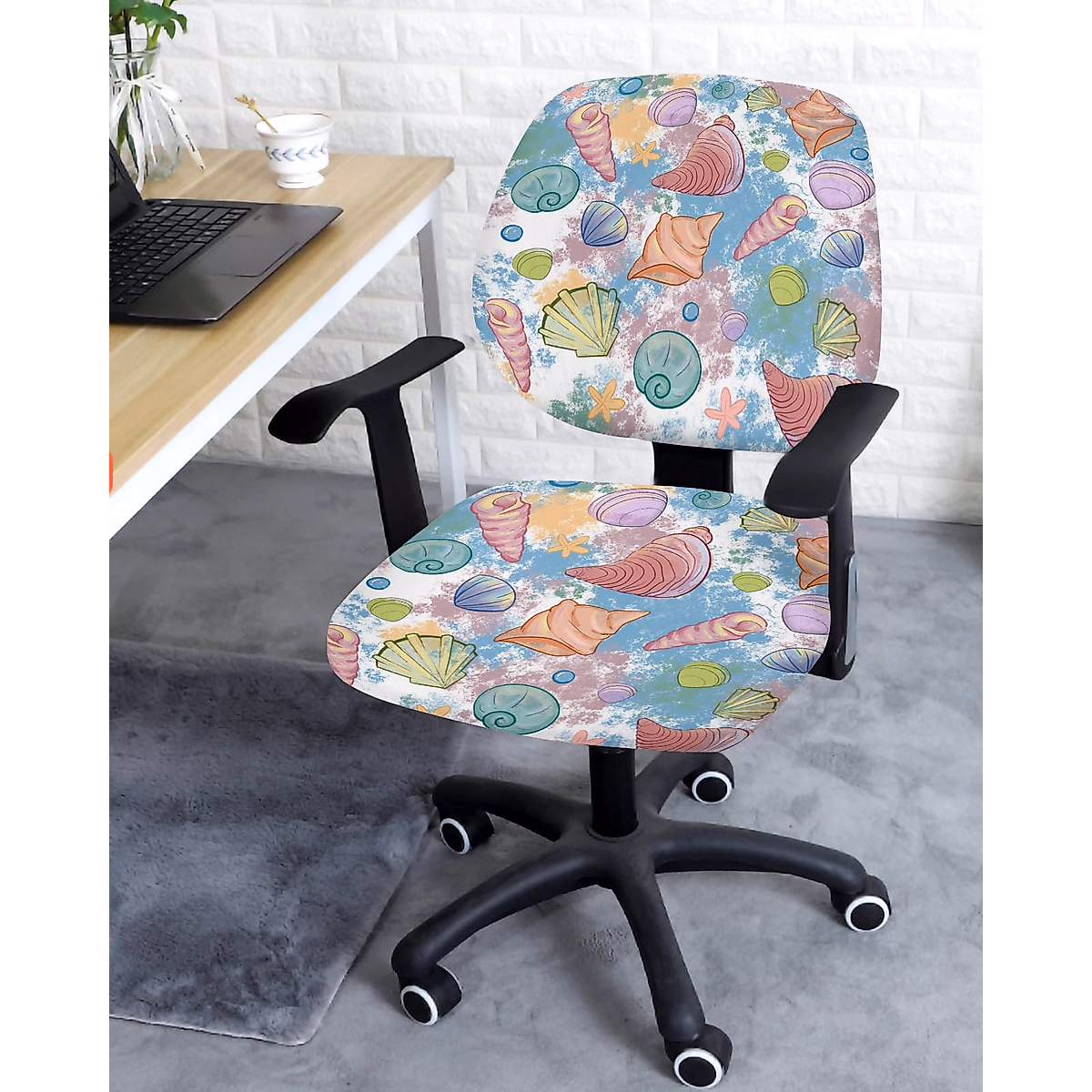 Colorful Conch Shell Office Chair Cover Stretchable Computer Chair Seat Cover Backrest Slipcovers, Ocean Beach Starfish Coastal Blue Pink Stretchable Rotating Desk Chair Seat Cushion Split Protectors