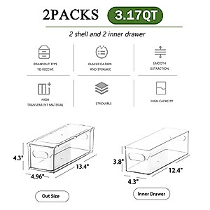 bealy 2 Packs Refrigerator Organizer Bins with Pull-out Drawer,Stackable Fridge Organizers and Storage Clear with Handle,Kitchen Storage Containers Sets for Freezer, Cabinet, Pantry Organization
