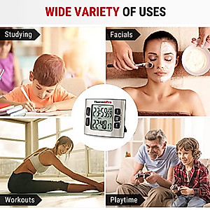 ThermoPro TM02 Digital Kitchen Timer with Dual Countdown Stop Watches Timer/Magnetic Timer Clock with Adjustable Loud Alarm and Backlight LCD Big Digits/ 24 Hour Digital Timer for Kids Teachers