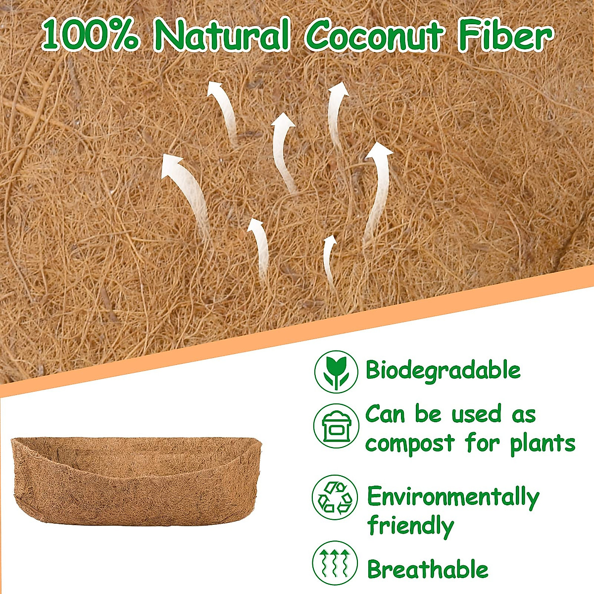 ANPHSIN 3 Pack Coco Liners for Window Planter Box - 24 Inch 100% Natural Coconut Coir Fiber Liner Replacement for Deck Flower Box, Garden Railing Fence Trough, Wall Planter Basket, Vegetables Pot