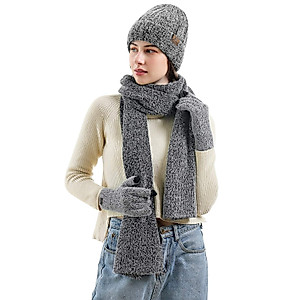 Womens Winter Warm Knit Beanie Hat Touchscreen Gloves Long Neck Scarf Set with Fleece Lined Skull Caps Gifts for Women Men