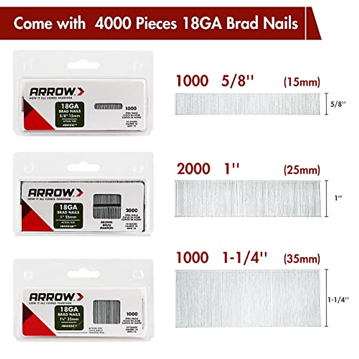 Arrow 18 Gauge Pneumatic Brad Nailer, Oil-Free Upholstery Nail Gun with 4000 Pieces 5/8 '', 1 '', 1-1/4 '' Nails, Adjustable Exhaust, for Woodworking, Professional and DIY Projects, PT18G