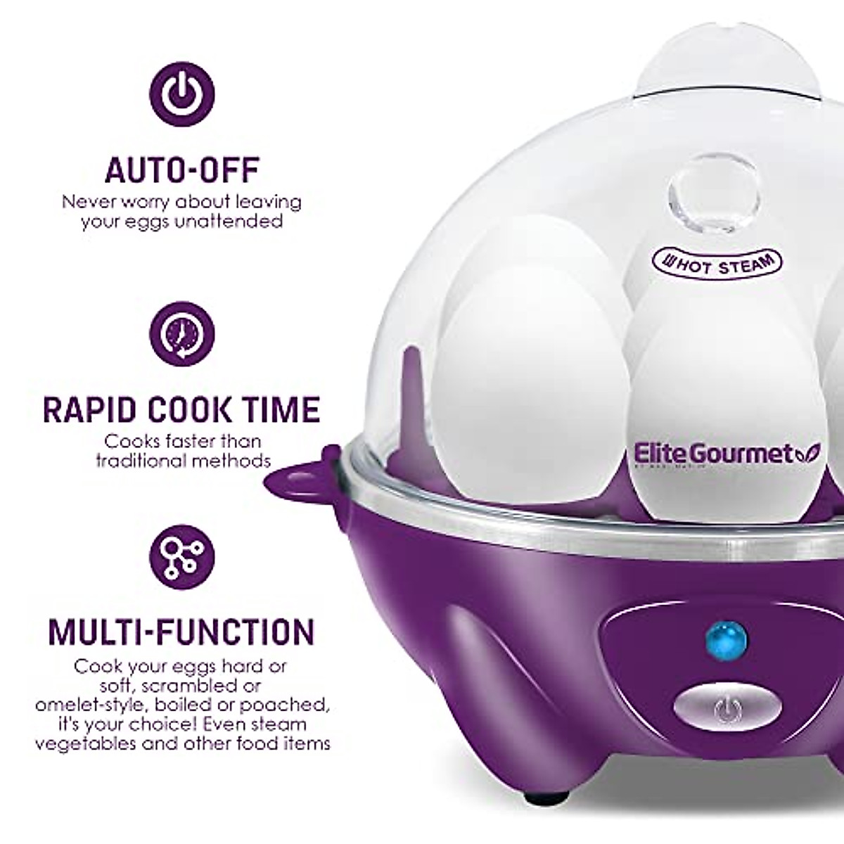 Elite Gourmet Easy Electric 7 Egg Capacity Cooker, Poacher, Omelet Maker, Scrambled, Soft, Medium, Hard Boiled with Auto Shut-Off and Buzzer, BPA Free