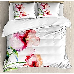 Ambesonne Watercolor Flower Duvet Cover Set, Hibiscus Flowers on Plain Background in Pastel Colors Nature Theme, Decorative 3 Piece Bedding Set with 2 Pillow Shams, Queen Size, Red White