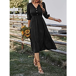 OYOANGLE Women's Swiss Dot Lace Fake Button 3/4 Lantern Sleeve Ruffle Hem V Neck A Line Flowy Midi Dress Black M