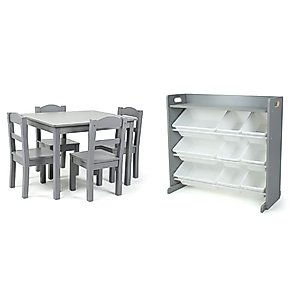 Humble Crew Kids Wood Table and 4 Chair Set, Grey & Inspire Toy Organizer with Shelf and 9 Storage Bins, Grey/White