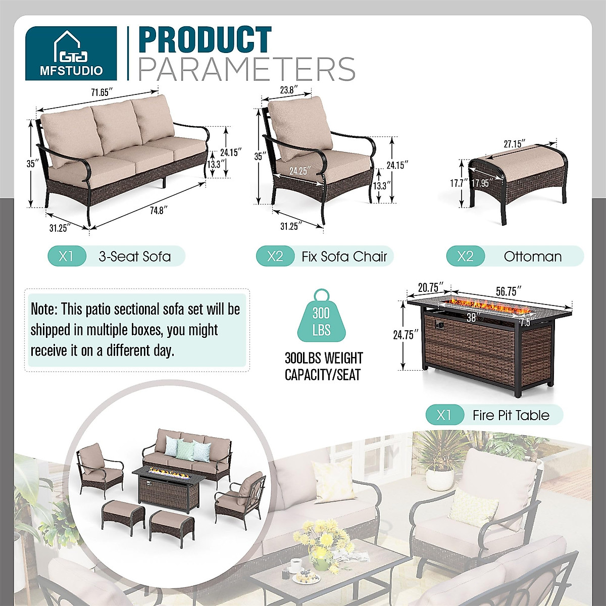 MFSTUDIO Oversize Outdoor Patio Furniture Set with 56" Fire Pit Table, 6 PCS Heavy-Duty Metal Patio Conversation Sets for 7 with 3-Seat Sofa & 2 Ottoman, 2 Fixed Sofa Chairs, 1 Fire Pit Table(Beige)