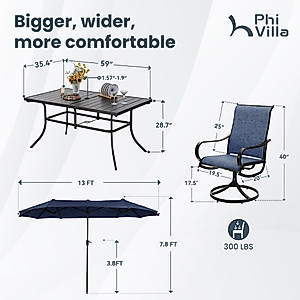 PHI VILLA 8 Piece Patio Dining Set with 13ft Patio Umbrella (Navy Blue), 6 Outdoor Swivel Dining Chairs & 1 Large Metal Dining Table with 1.57" Umbrella Hole, for Lawn Garden Backyard