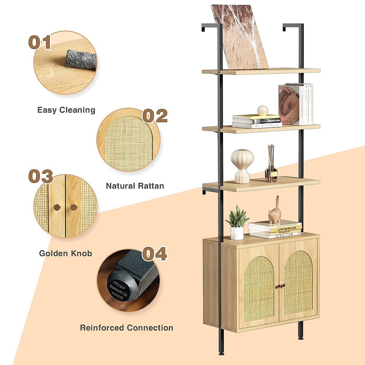 Ladder Bookshelf with Cabinet, 6 Tier Wall Mount Ladder Bookcase with Rattan Cabinet, Tall Open Ladder Shelf with Metal Frame for Living Room, Bathroom, Home Office, Natural