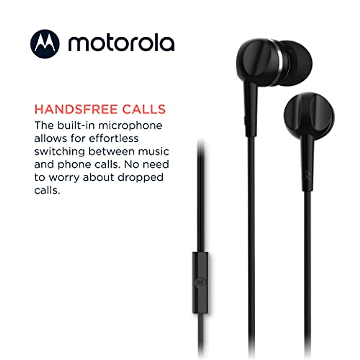 Motorola Wired Earbuds with Microphone - Earbuds 105 Corded in-Ear Headphones, Control Button for Calls/Music, Comfortable Lightweight Easy-Grip Ear Buds, Clear Bass Sound, Noise Isolation - Black