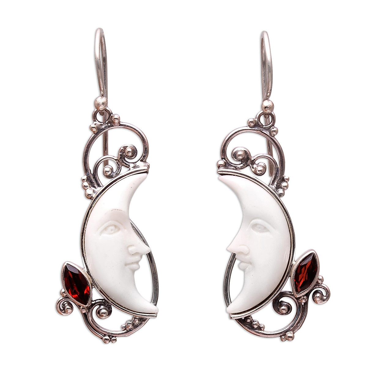 NOVICA Artisan Handmade Garnet Dangle Earrings Bone Crescent Moon from Bali Sterling Silver Indonesia Sun [1.6 in L x 0.6 in W x 0.2 in D] ' Glittering Crescents'