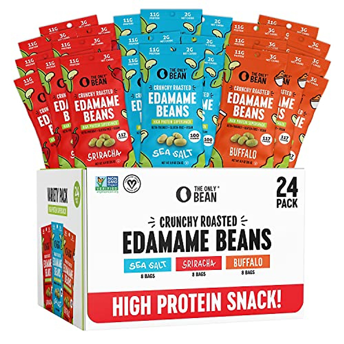 The Only Bean Crunchy Roasted Edamame - Healthy Snacks for Adults and Kids (Variety Pack) Low Calorie & Carb Keto Snack Food, Vegan Gluten Free High Protein Office Snack (11g), 0.9oz 24 pack