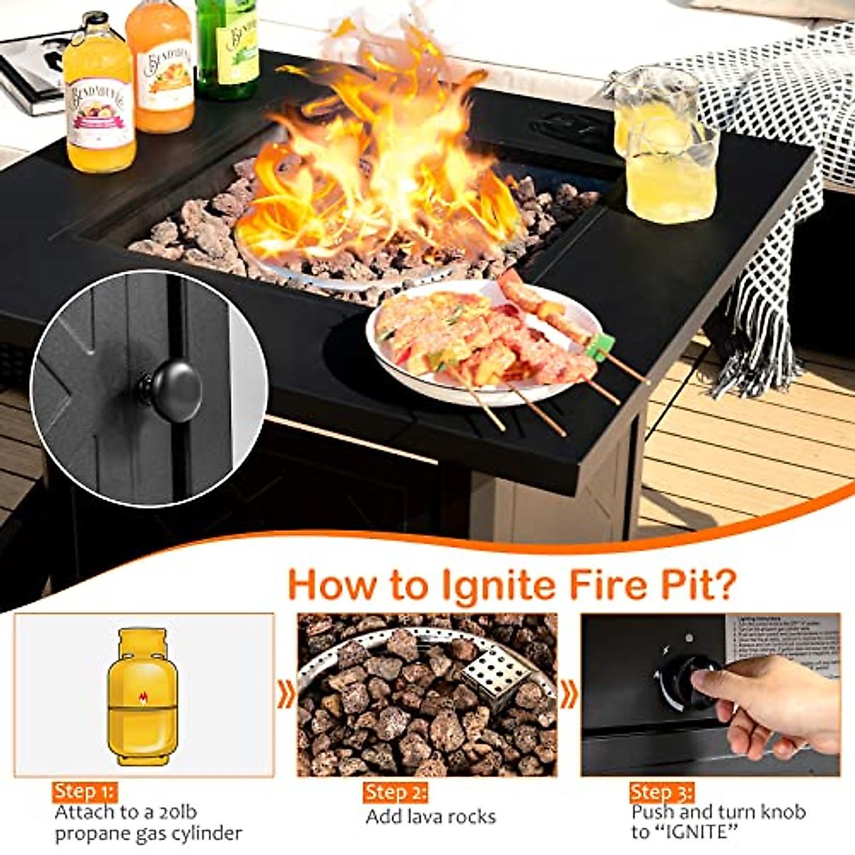 Giantex 28’’ Propane Fire Pit Table, 50,000 BTU Auto-Ignition Gas Fire Pit, Square Steel Fire Table with Lid, Multifunctional Gas Fire Pit Table for Patio Garden Poolside, CSA Certification