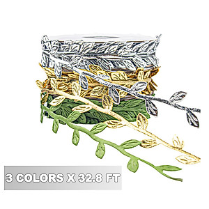 Elane 3 Rolls 10 Yards Decorative Ribbon,Gold Ribbon for Gift Wrapping Ribbon Green Ribbon for Gift Wrapping,Green Leaf Ribbon