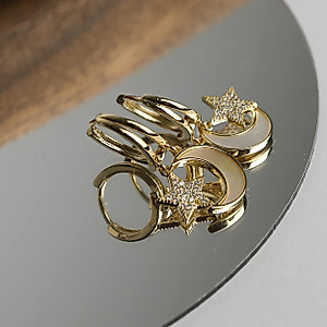 Sonateomber Gold Star Moon Drop Dangle Double Small Hoop Cartilage Midnight Earrings for Women - Cute Sparkly Cubic Zirconia Rhinestone Star Hypoallergenic Huggie Prom Wedding Jewelry Gift