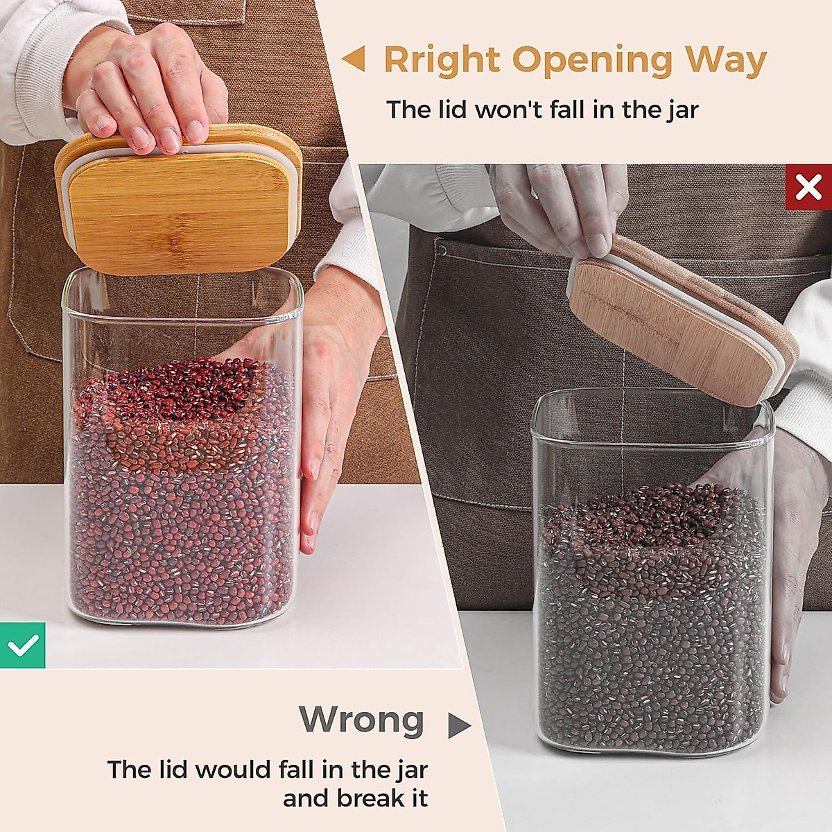 ComSaf 122 oz Glass Food Storage Containers, Cereal Storage Containers with Airtight Lids, Large Square Glass Jars with Bamboo Lids, for Rice, Pasta, Oats, Grains, Coffee Beans